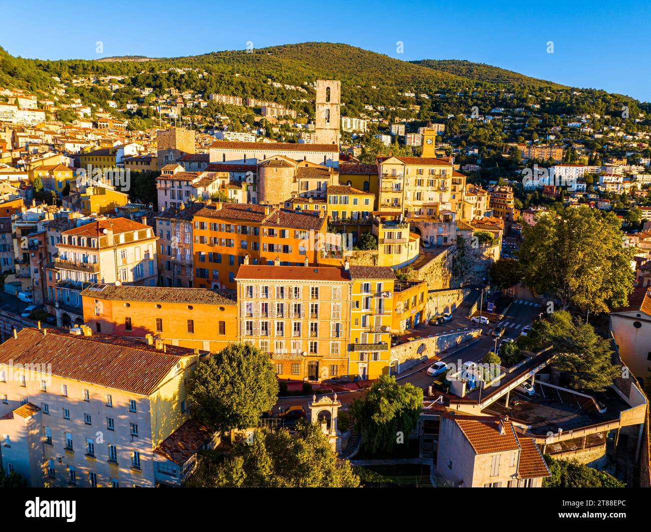 Aerial view of Grasse, a town on the French Riviera, known for its long ...