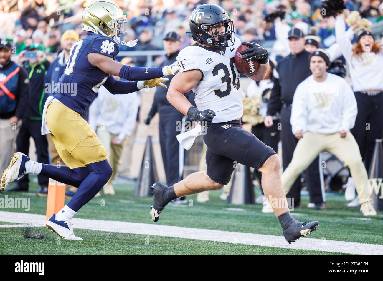South Bend, Indiana, USA. 18th Nov, 2023. Wake Forest running back Tate ...