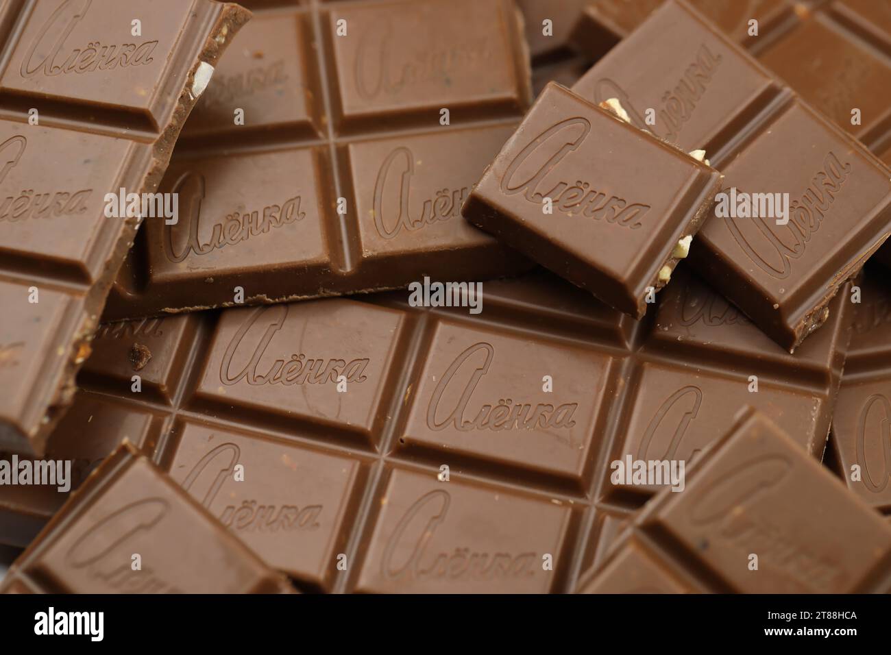 KHARKIV, UKRAINE - JANUARY 27, 2021 Alyonka chocolate square bars ...