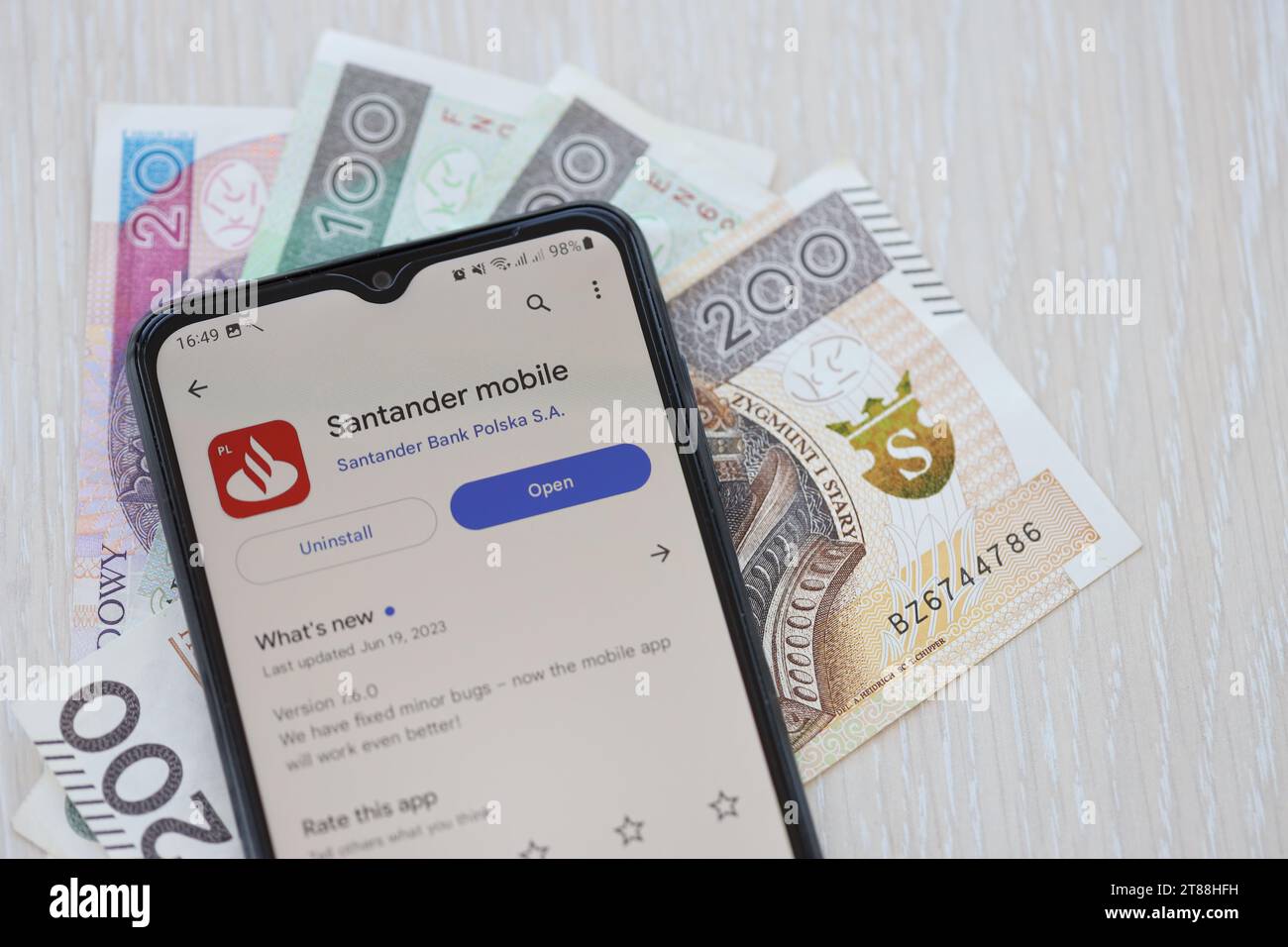 TERNOPIL, UKRAINE - AUGUST 3, 2023 Santander bank application on screen ...