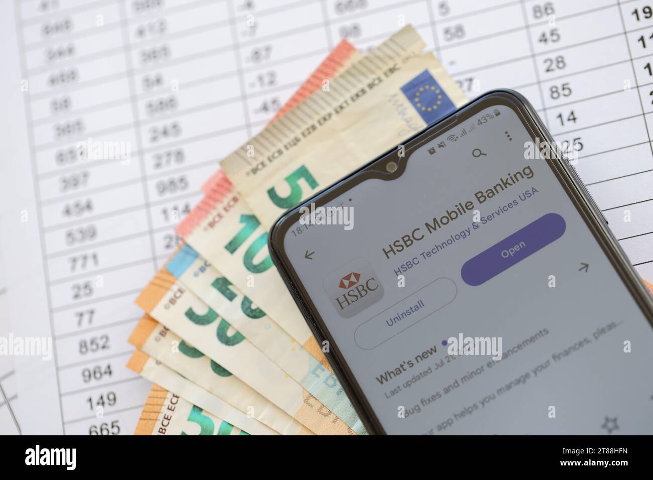 TERNOPIL, UKRAINE - AUGUST 3, 2023 HSBC application on screen on modern ...