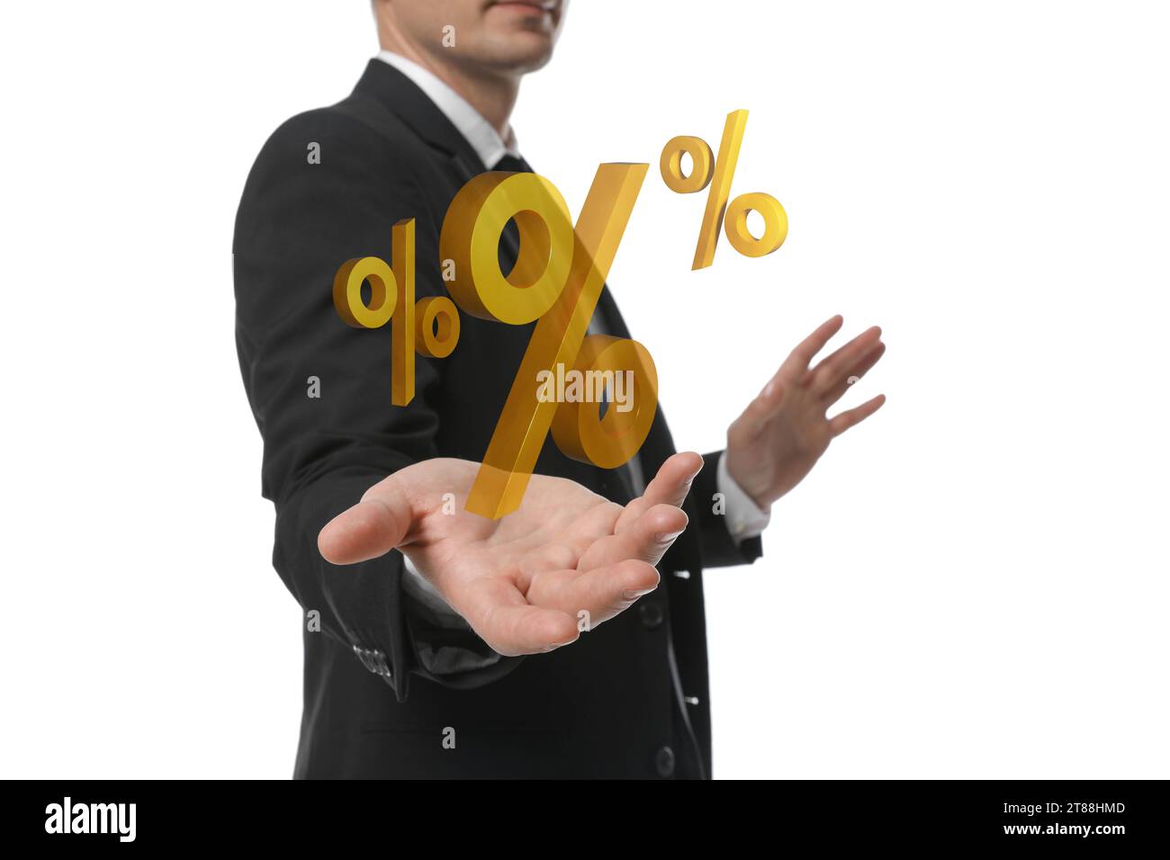 Discount offer. Man holding illustrations of percent signs isolated on ...