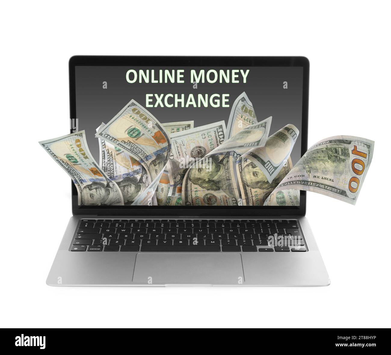 Online money exchange. Laptop with dollar banknotes and text on white ...
