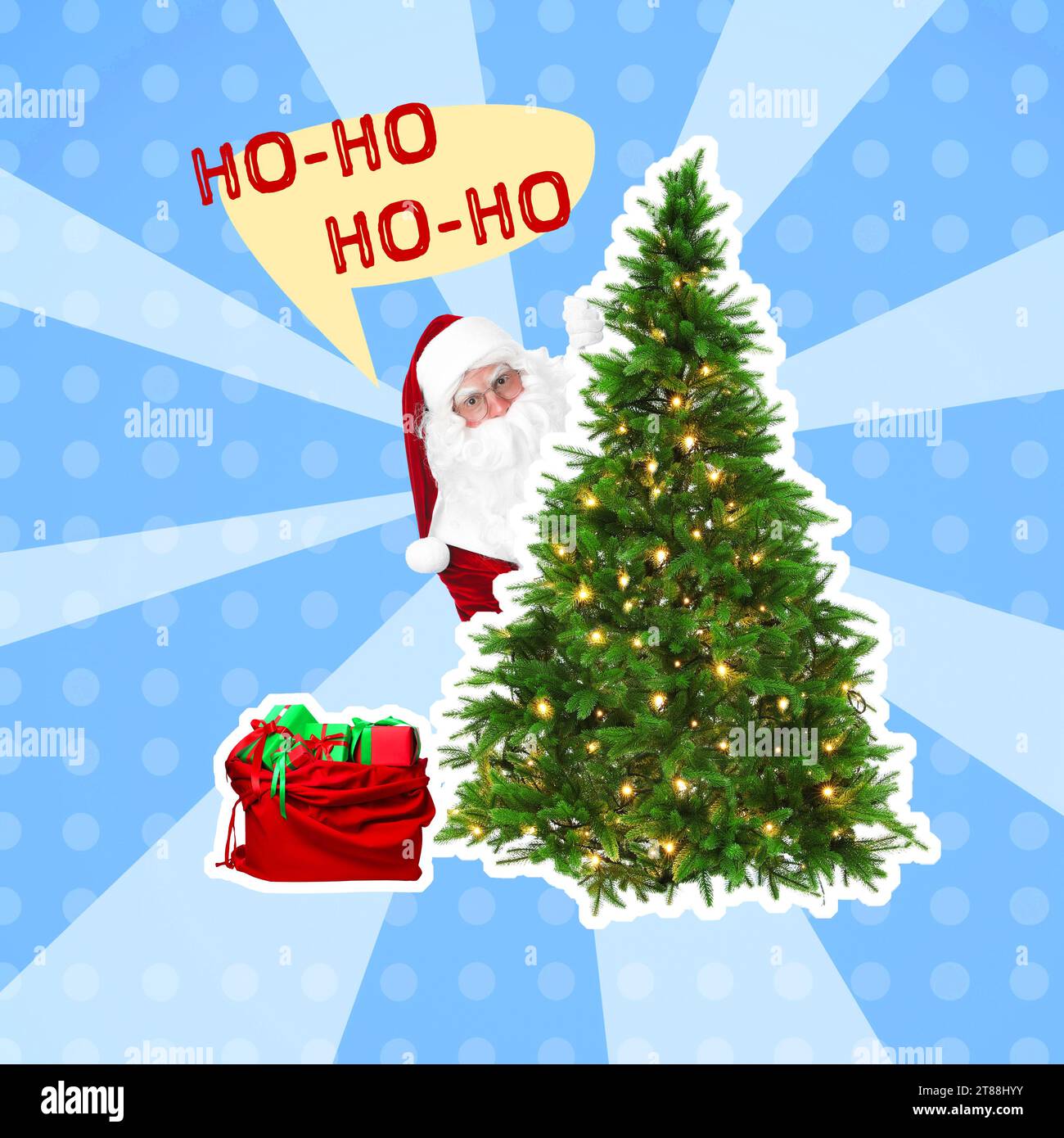 Creative collage. Santa Claus hiding behind Christmas tree against ...