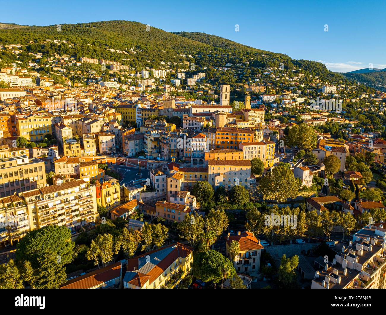 Aerial view of Grasse, a town on the French Riviera, known for its long ...