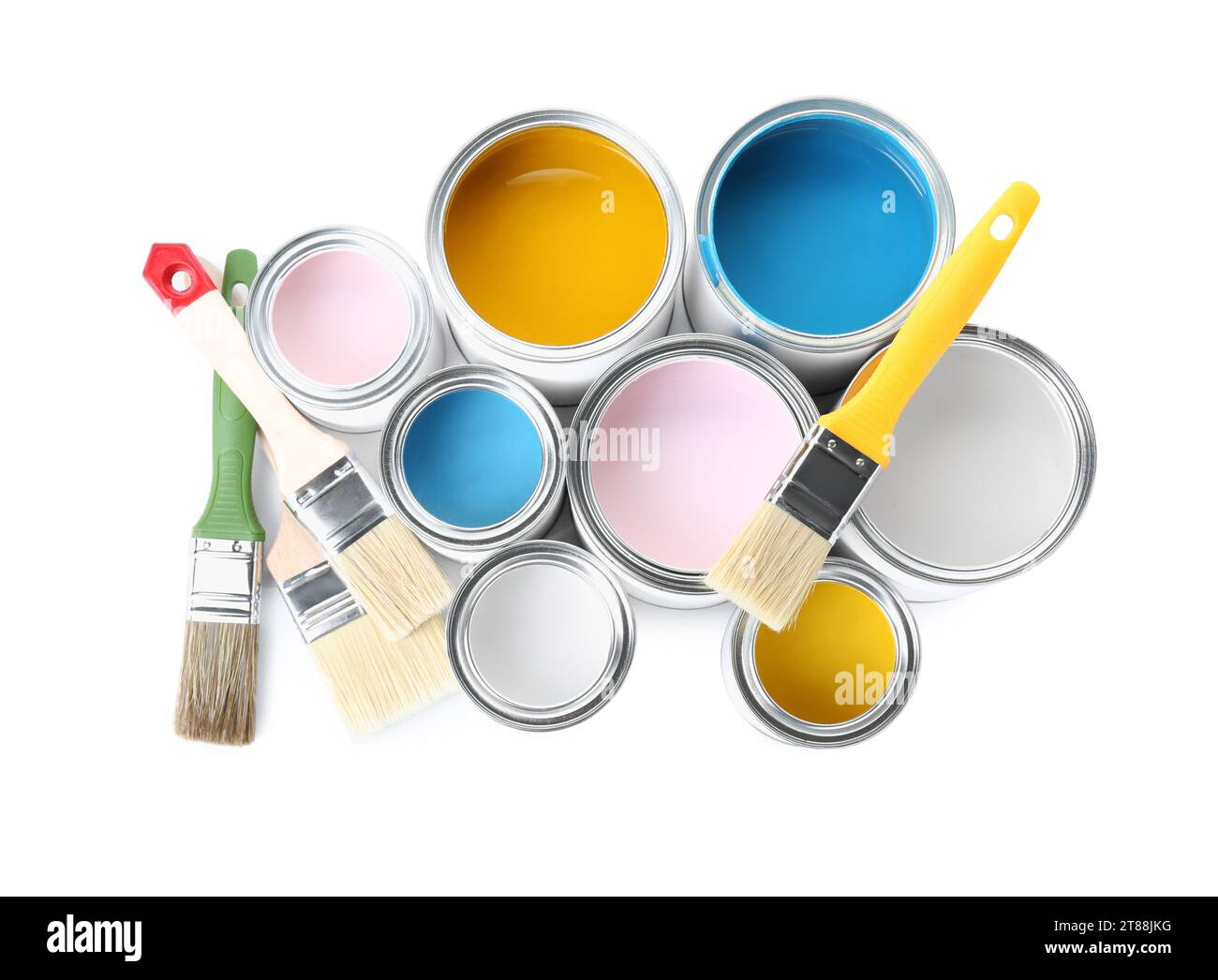 Cans of colorful paints and brushes isolated on white, top view Stock ...