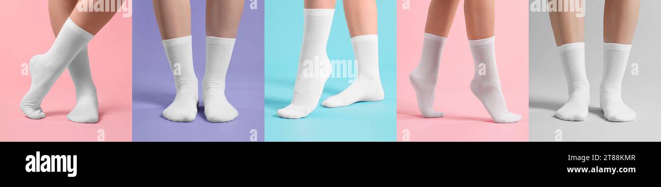 Women in stylish white socks on color backgrounds, collection of photos ...