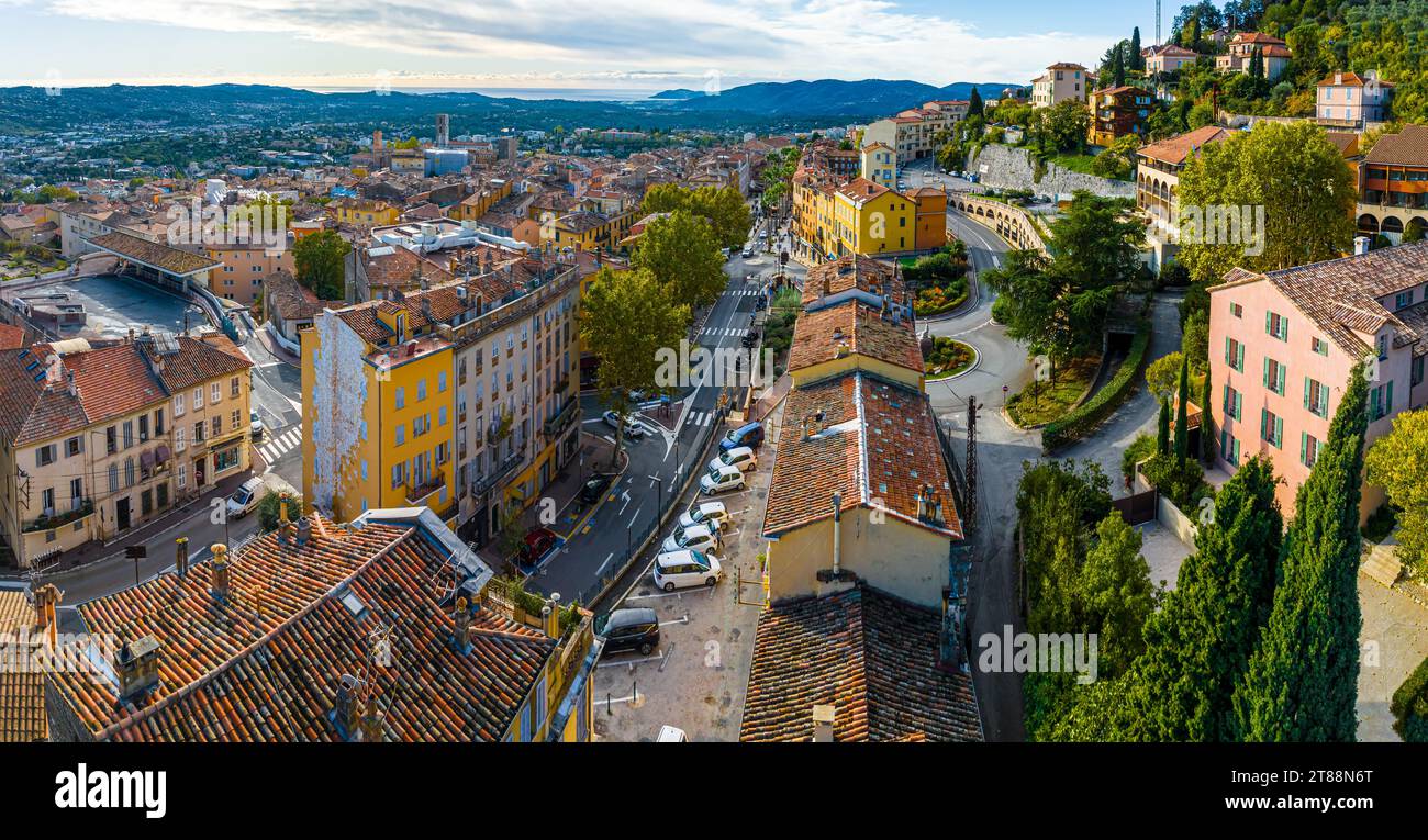 Aerial view of Grasse, a town on the French Riviera, known for its long ...