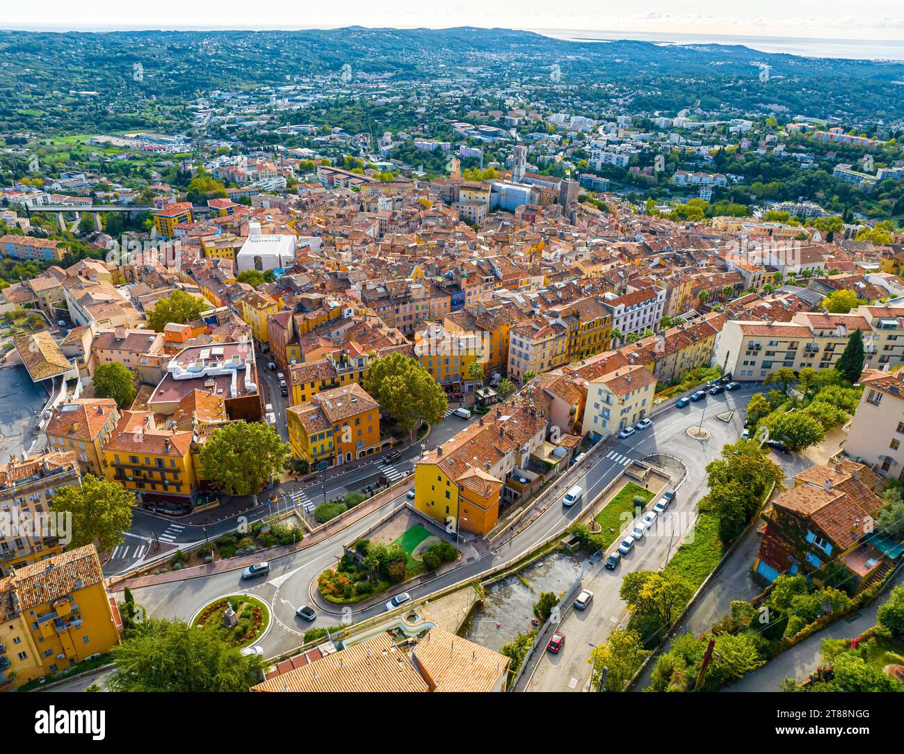 Aerial view of Grasse, a town on the French Riviera, known for its long ...