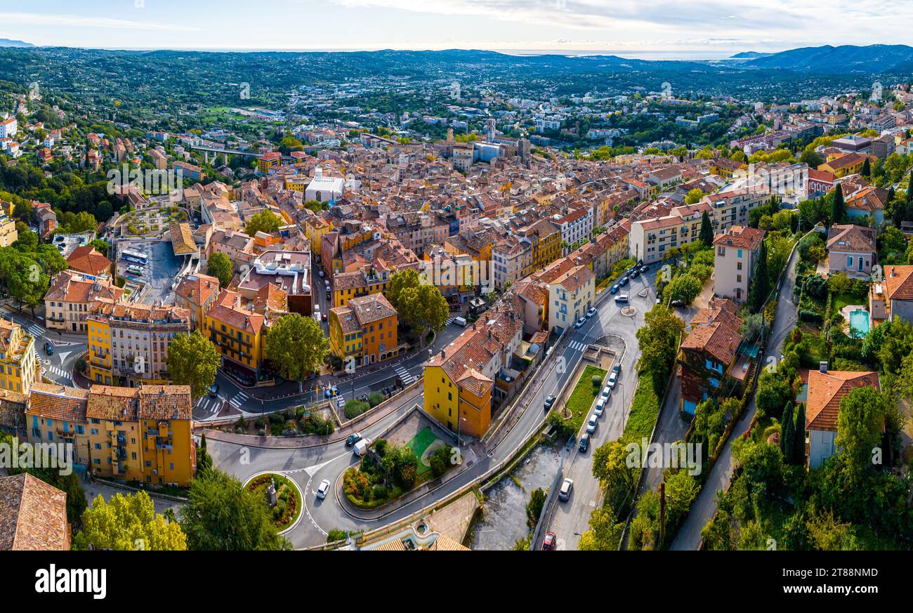 Aerial view of Grasse, a town on the French Riviera, known for its long ...