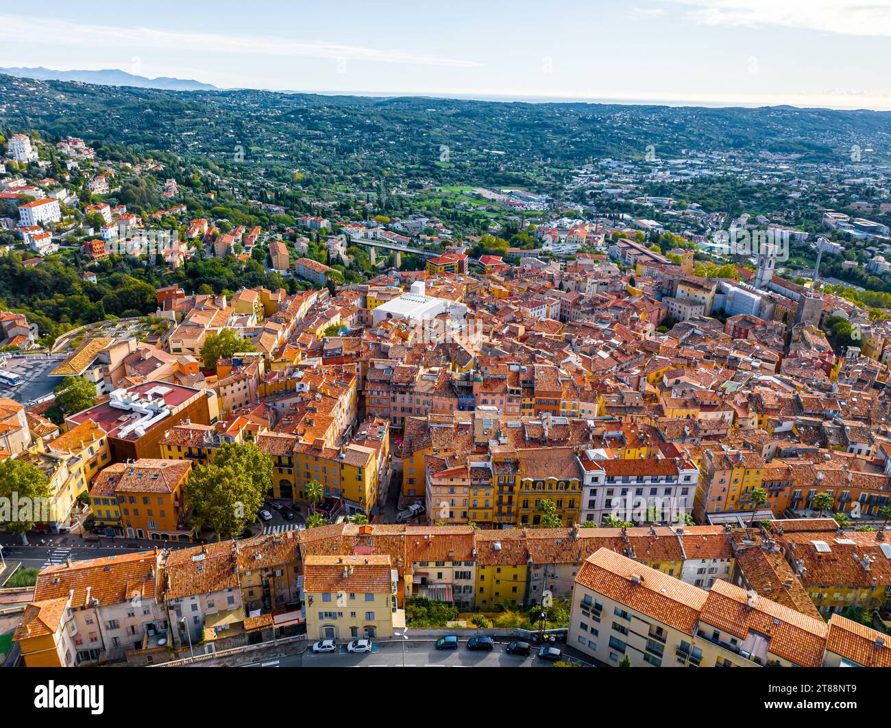 Aerial view of Grasse, a town on the French Riviera, known for its long ...
