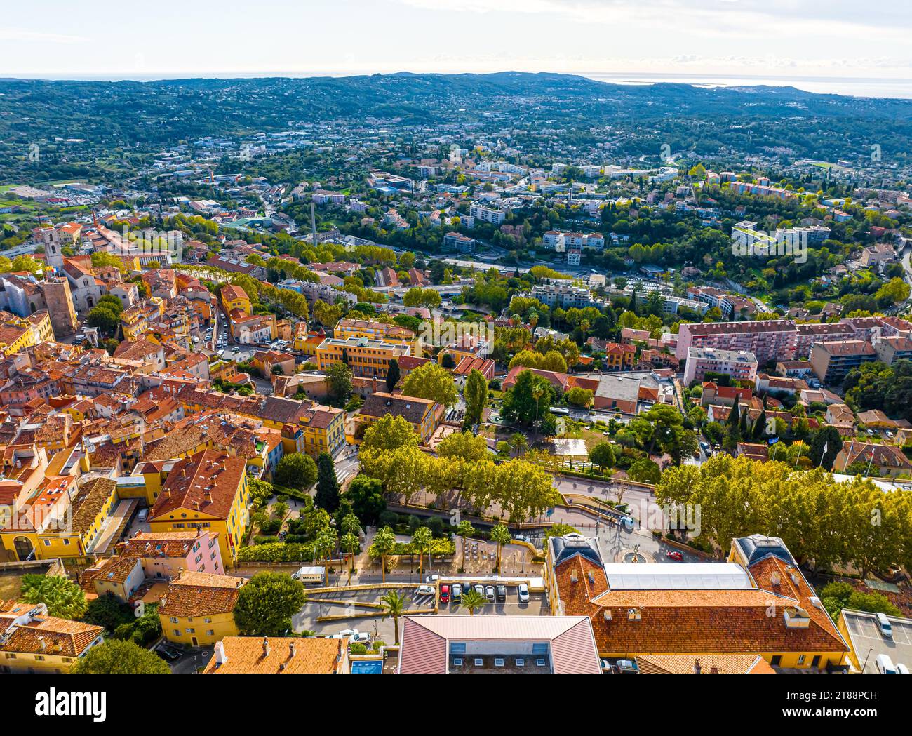 Aerial view of Grasse, a town on the French Riviera, known for its long ...