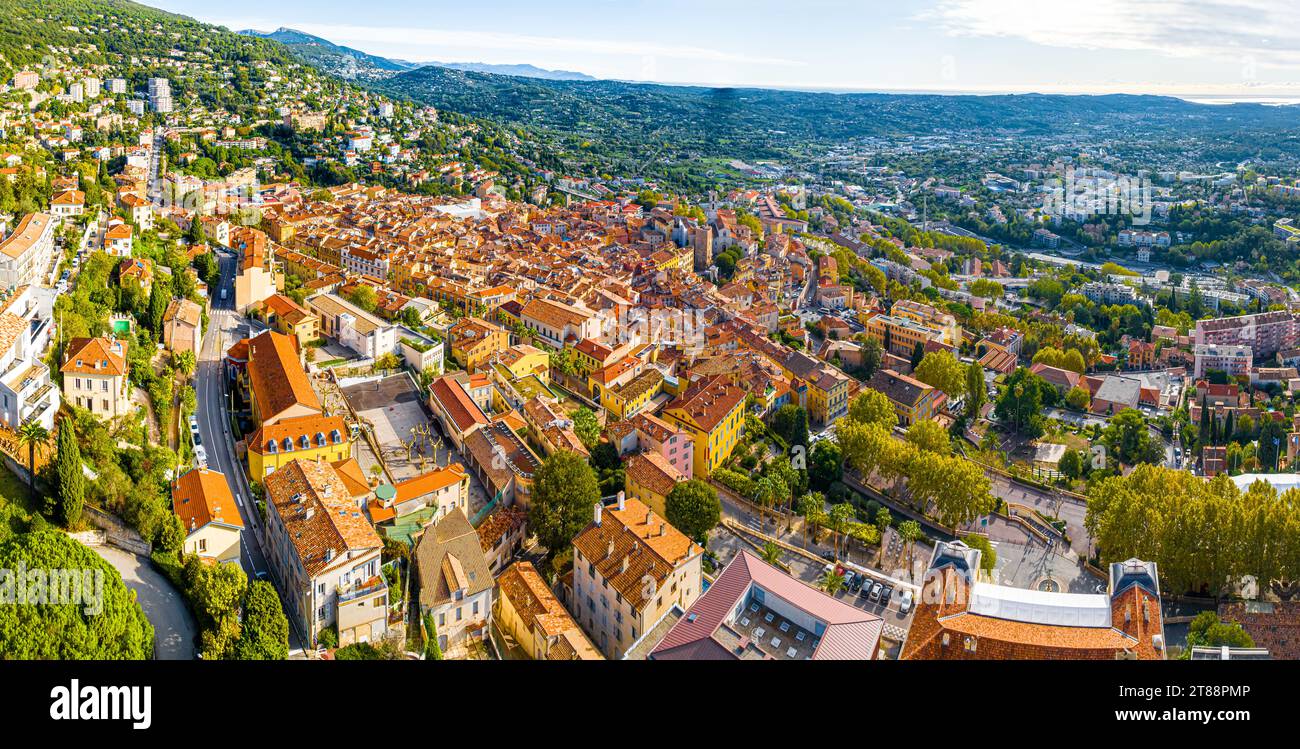 Aerial view of Grasse, a town on the French Riviera, known for its long ...
