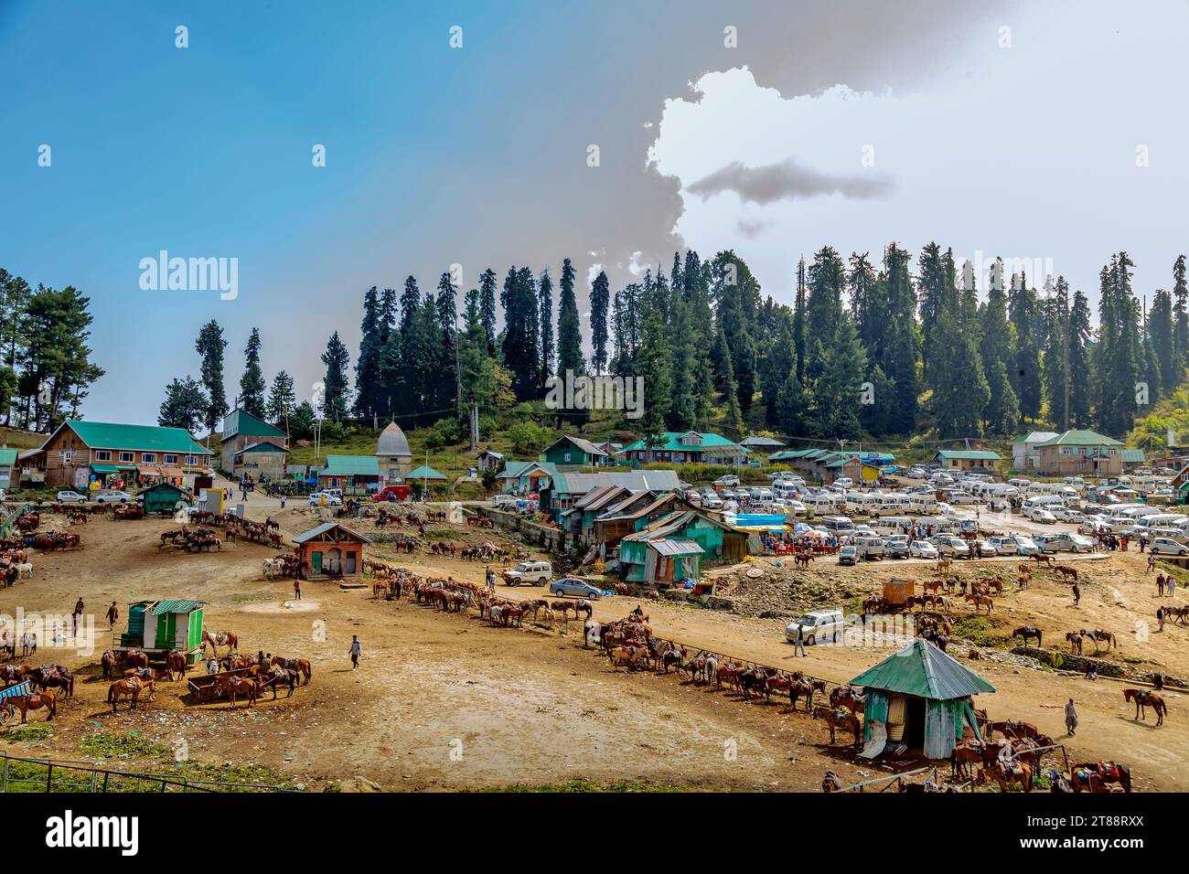 Rural mountain village with a busy market and horses under a bright ...