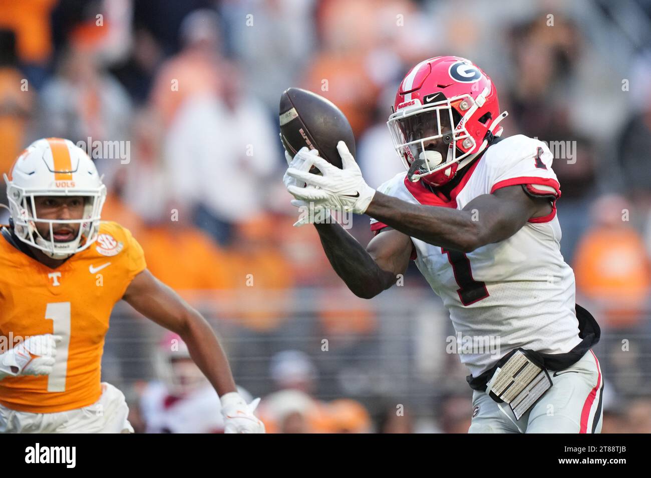 November 18, 2023: Marcus Rosemy-Jacksaint #1 of the Georgia Bulldogs catches a pas during the ...