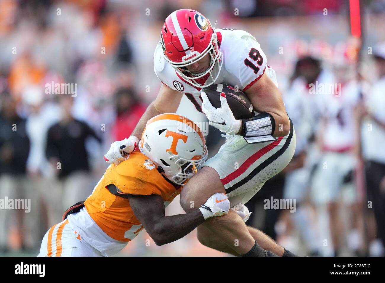 November 18, 2023: Brock Bowers #19 of the Georgia Bulldogs is tackled ...
