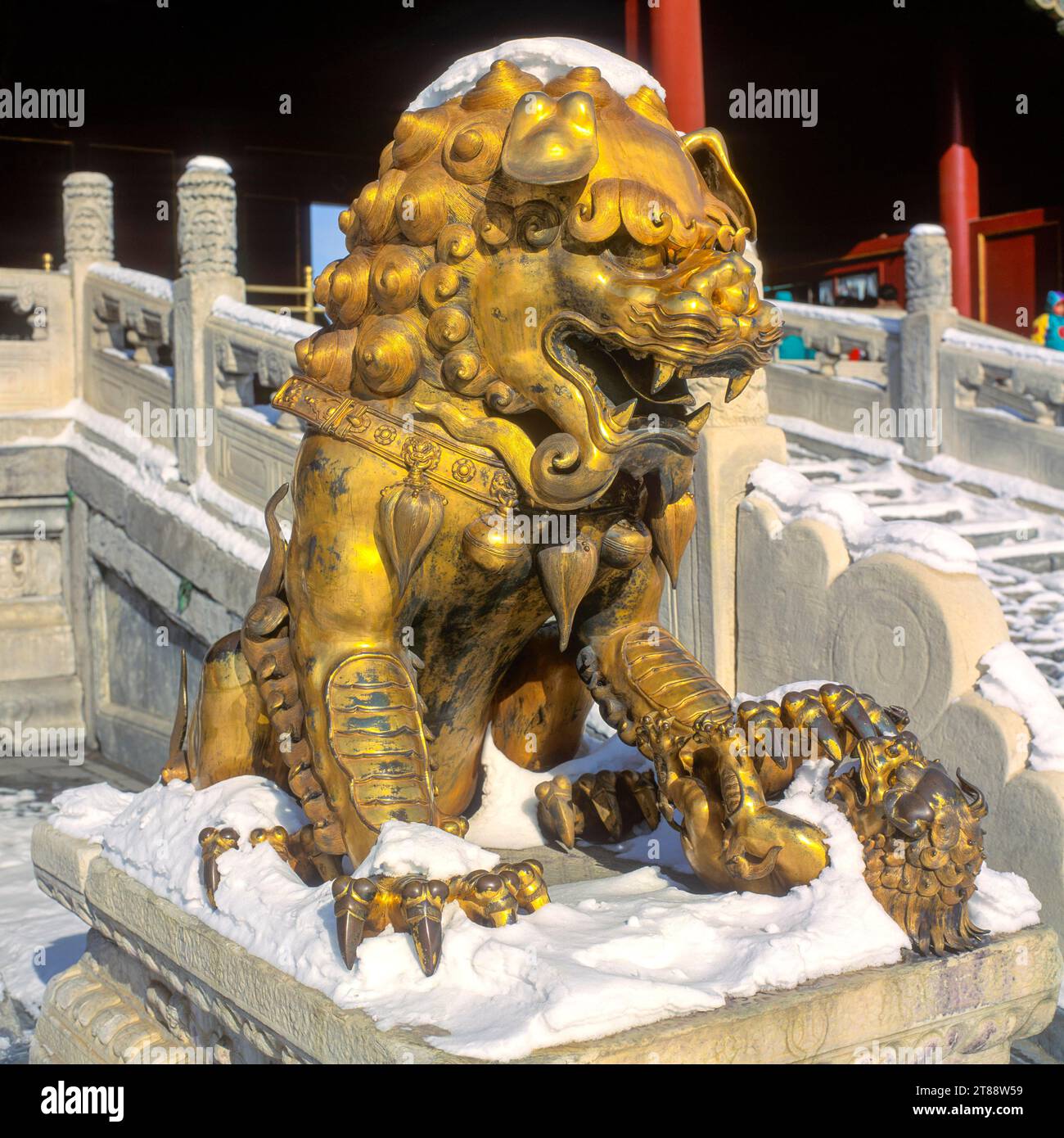 A golden lion statue in the Forbidden City, Palace Museum, Zijin Cheng ...