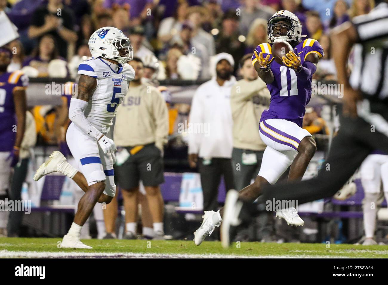 November 18, 2023: LSU wide receiver Brian Thomas Jr. (11) looks in a ...