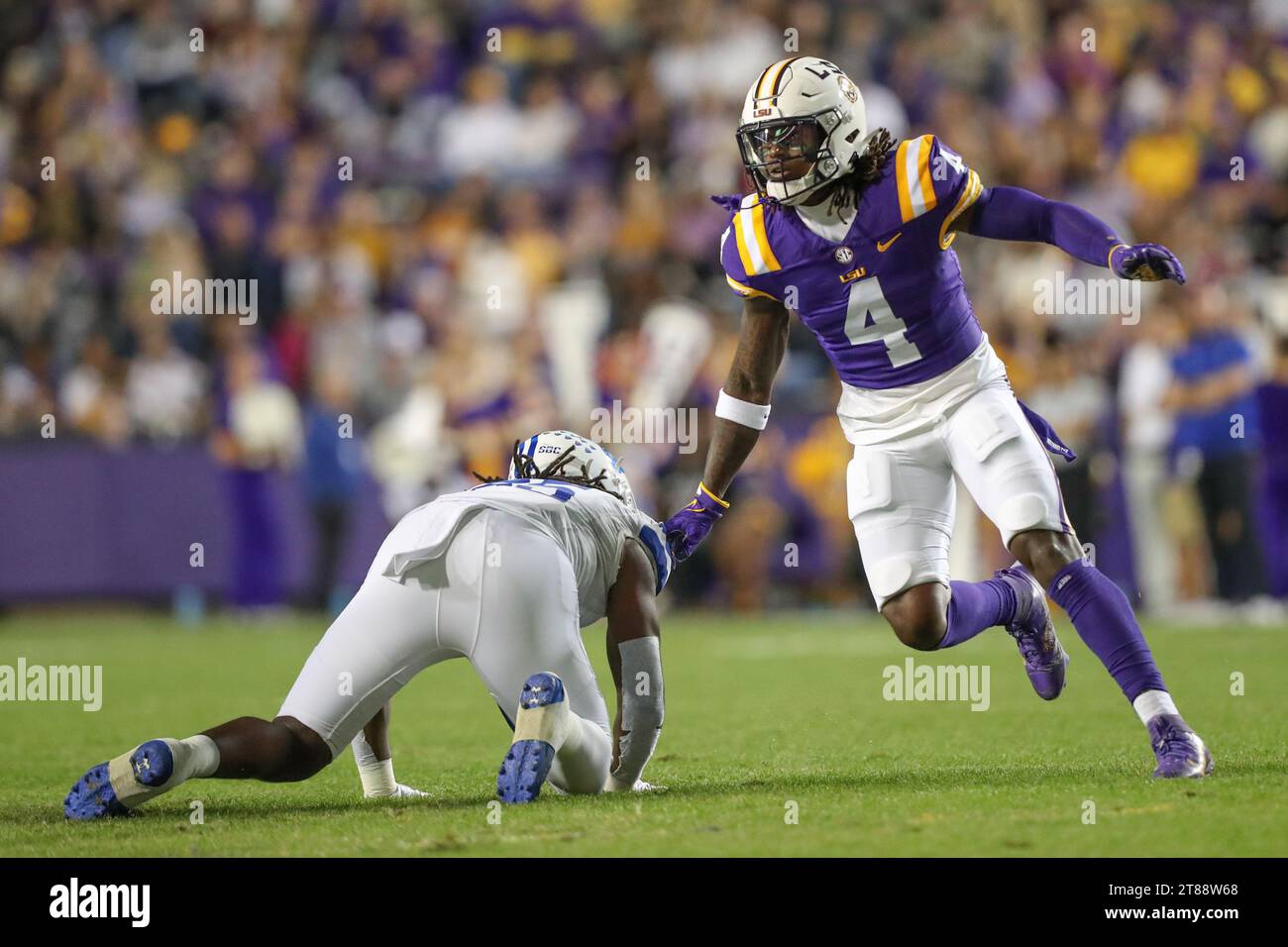 November 18, 2023: LSU's Harold Perkins Jr. (4) tries to get to the ...