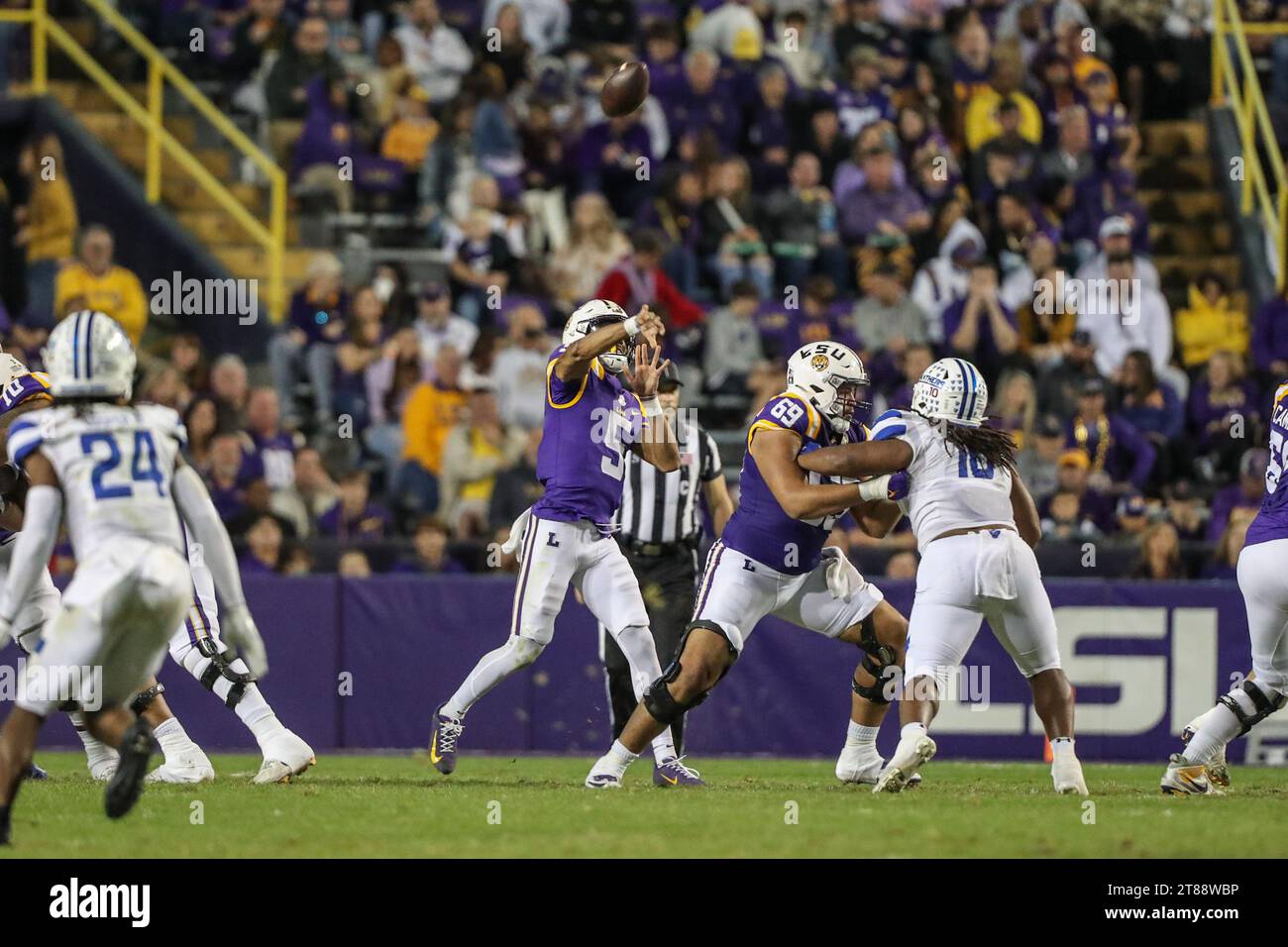 November 18, 2023: LSU quarterback Jayden Daniels (5) connects on a 70 ...