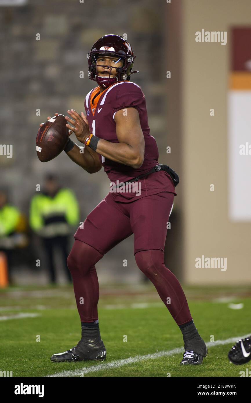 Blacksburg, VA, USA. 18th Nov, 2023. Virginia Tech Hokies quarterback ...