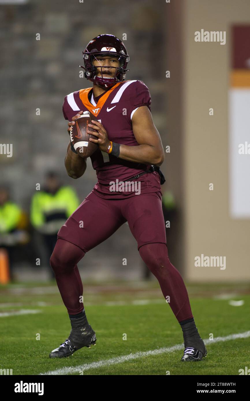 Blacksburg, VA, USA. 18th Nov, 2023. Virginia Tech Hokies quarterback Kyron Drones (1) looks for ...