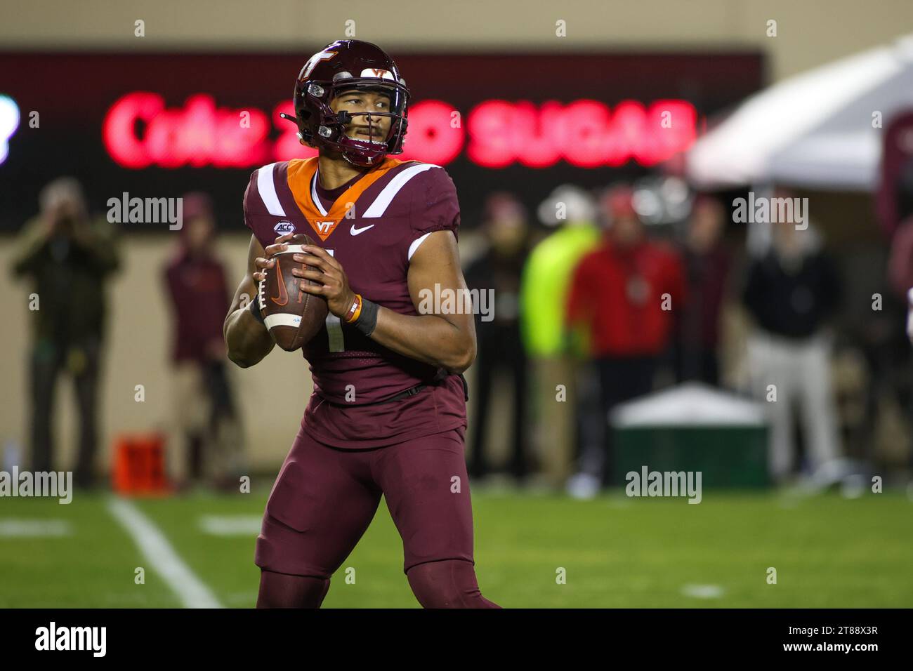 Blacksburg, VA, USA. 18th Nov, 2023. Virginia Tech Hokies quarterback Kyron Drones (1) looks for ...