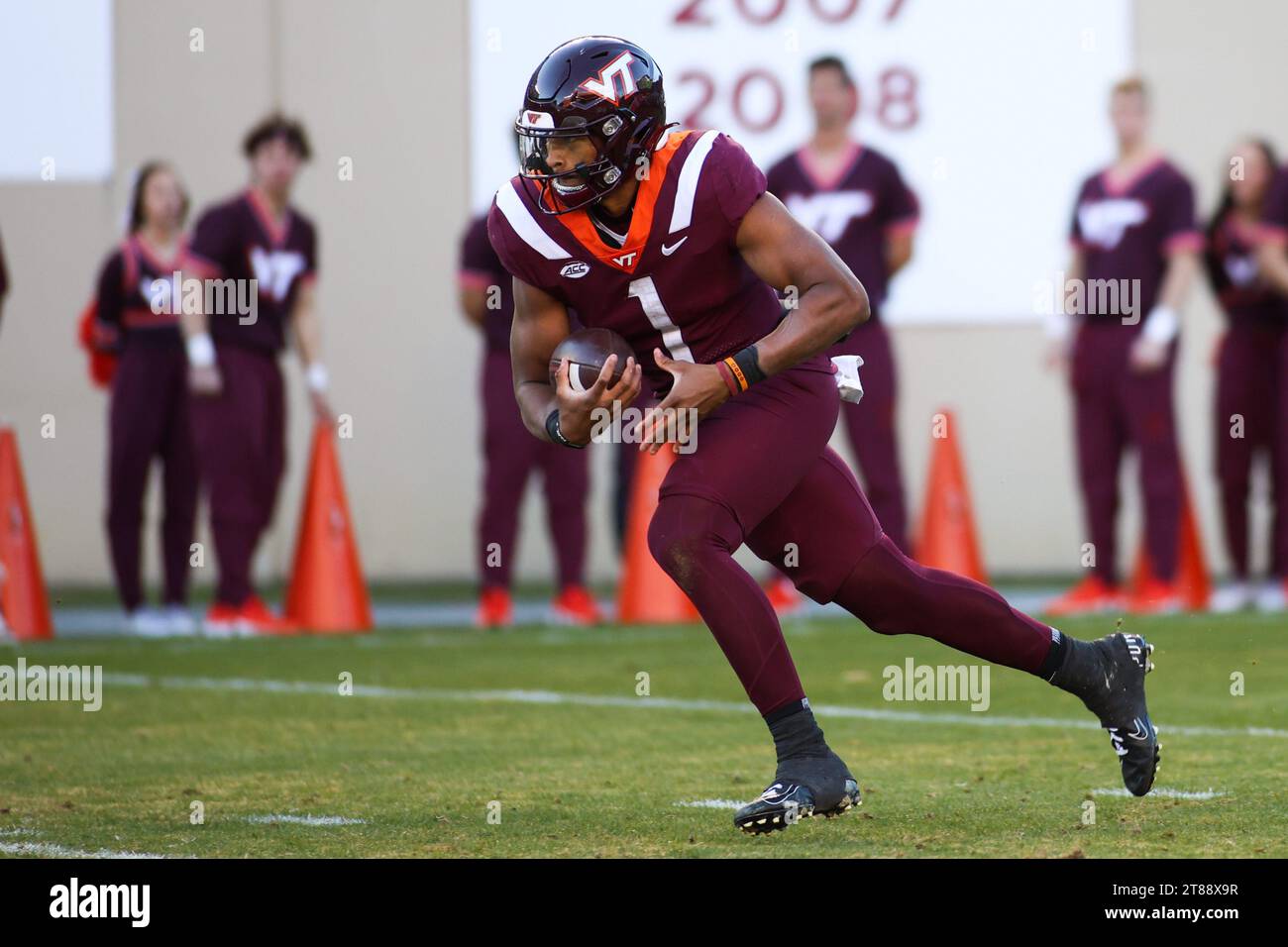 Blacksburg, VA, USA. 18th Nov, 2023. Virginia Tech Hokies quarterback Kyron Drones (1) scrambles ...