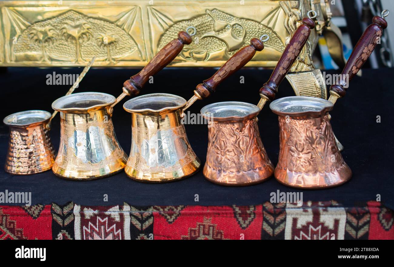 Turkish coffee pots made of metal in a traditional style Stock Photo ...