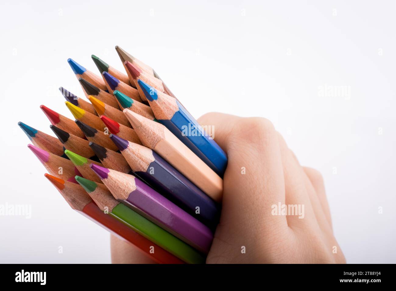 Hand holding color pencils on a white background Stock Photo - Alamy