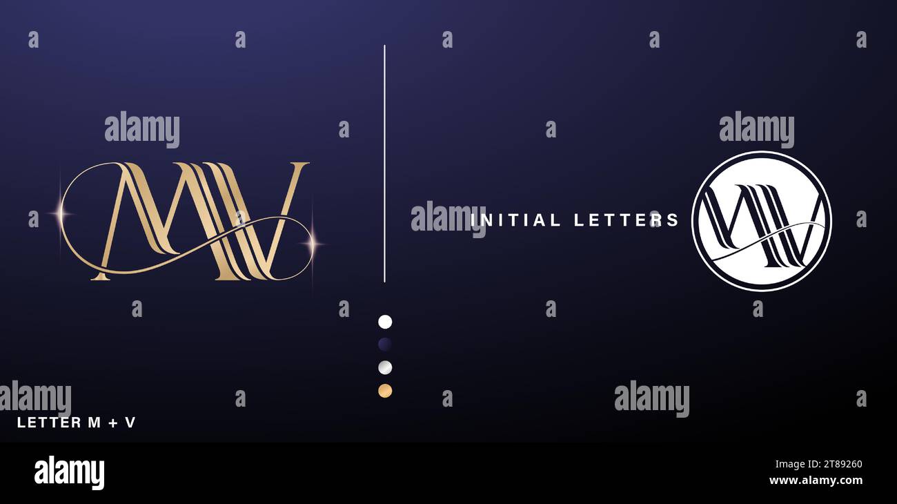 Initial Letter MV logo design golden color alphabet with line art style ...