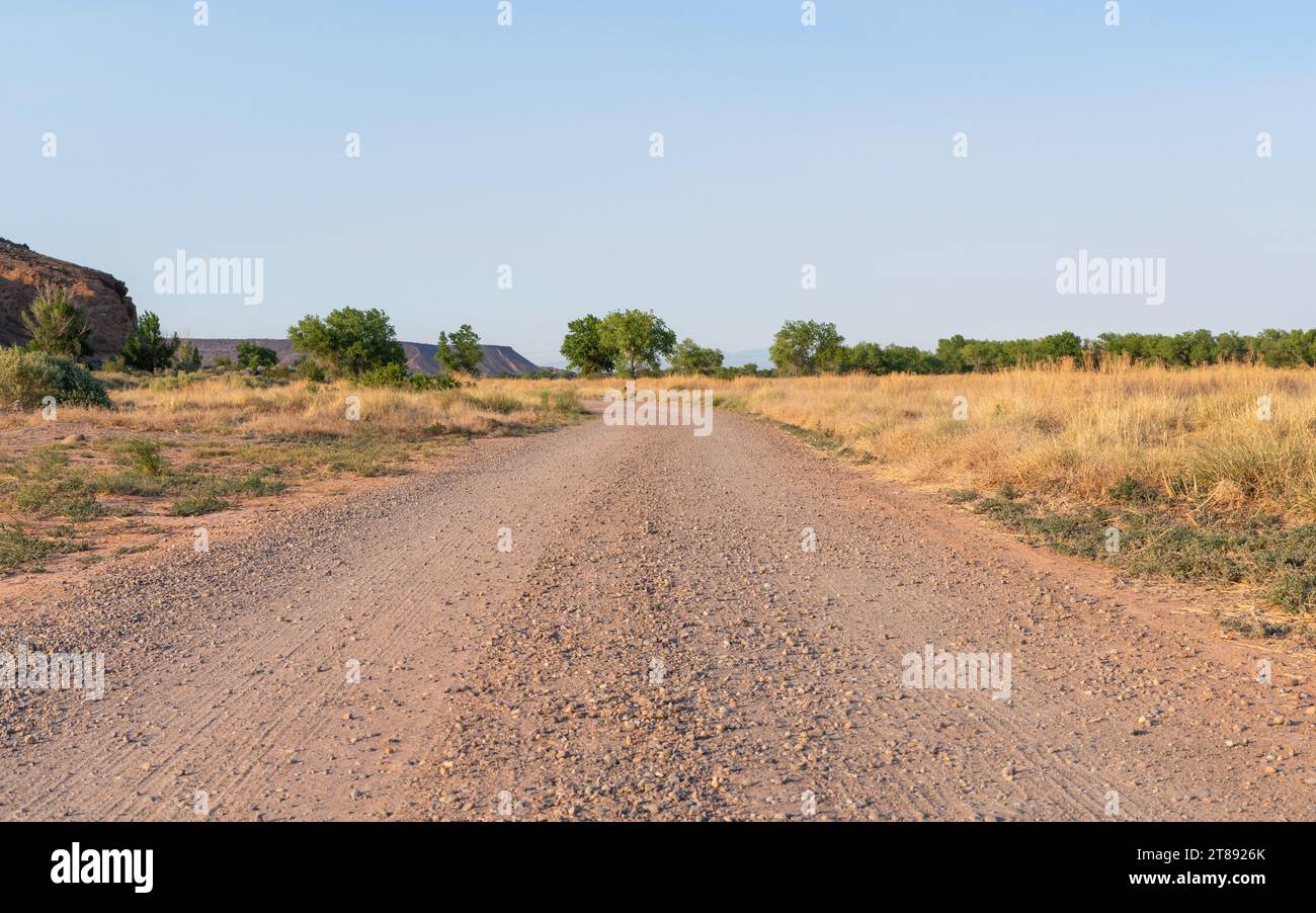 An empty dirt road bends out of sight near red rock mesas in the high ...