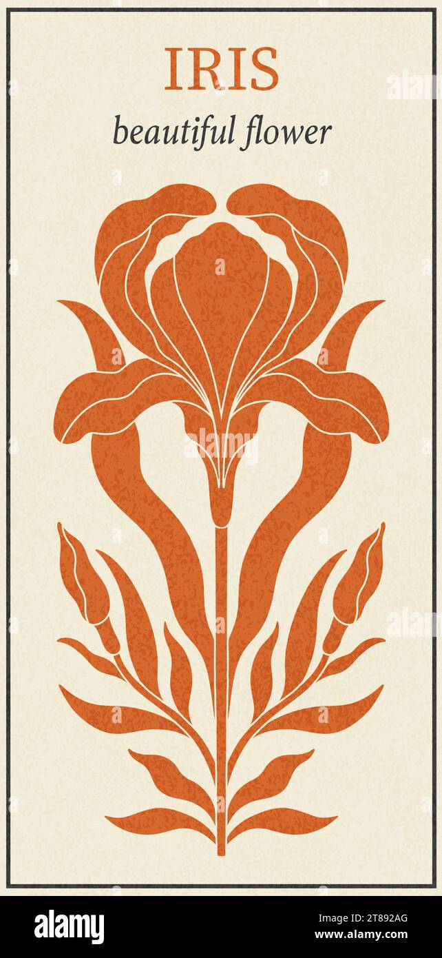 Floral iris design in art nouveau 1920-1930. Hand drawn iris style with weaves of lines, leaves ...