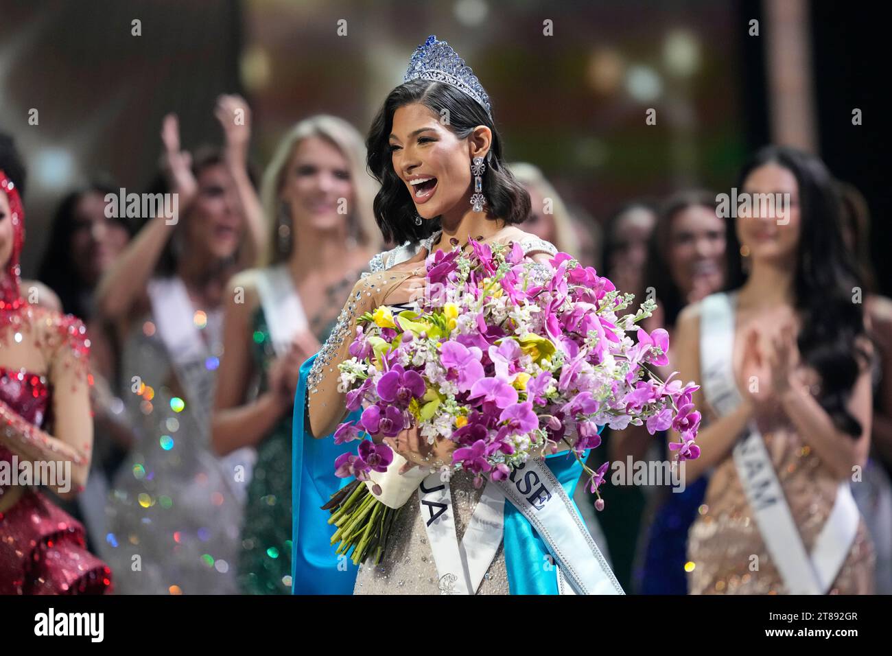 Miss Nicaragua Sheynnis Palacios reacts after being crowned Miss Universe at the 72nd Miss ...