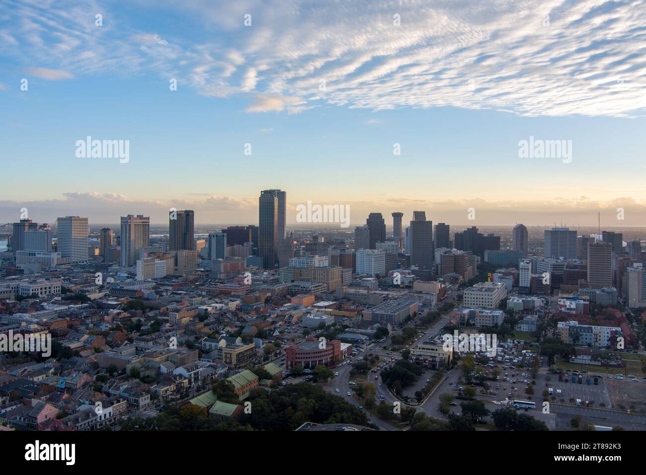 Aerial view of downtown New Orleans, Louisiana at sunset in November ...