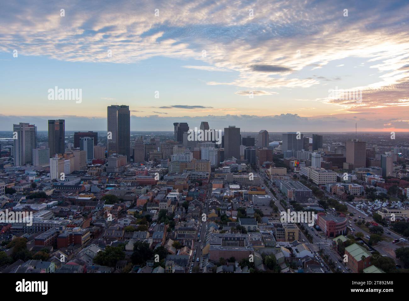 Aerial view of downtown New Orleans, Louisiana at sunset in November ...