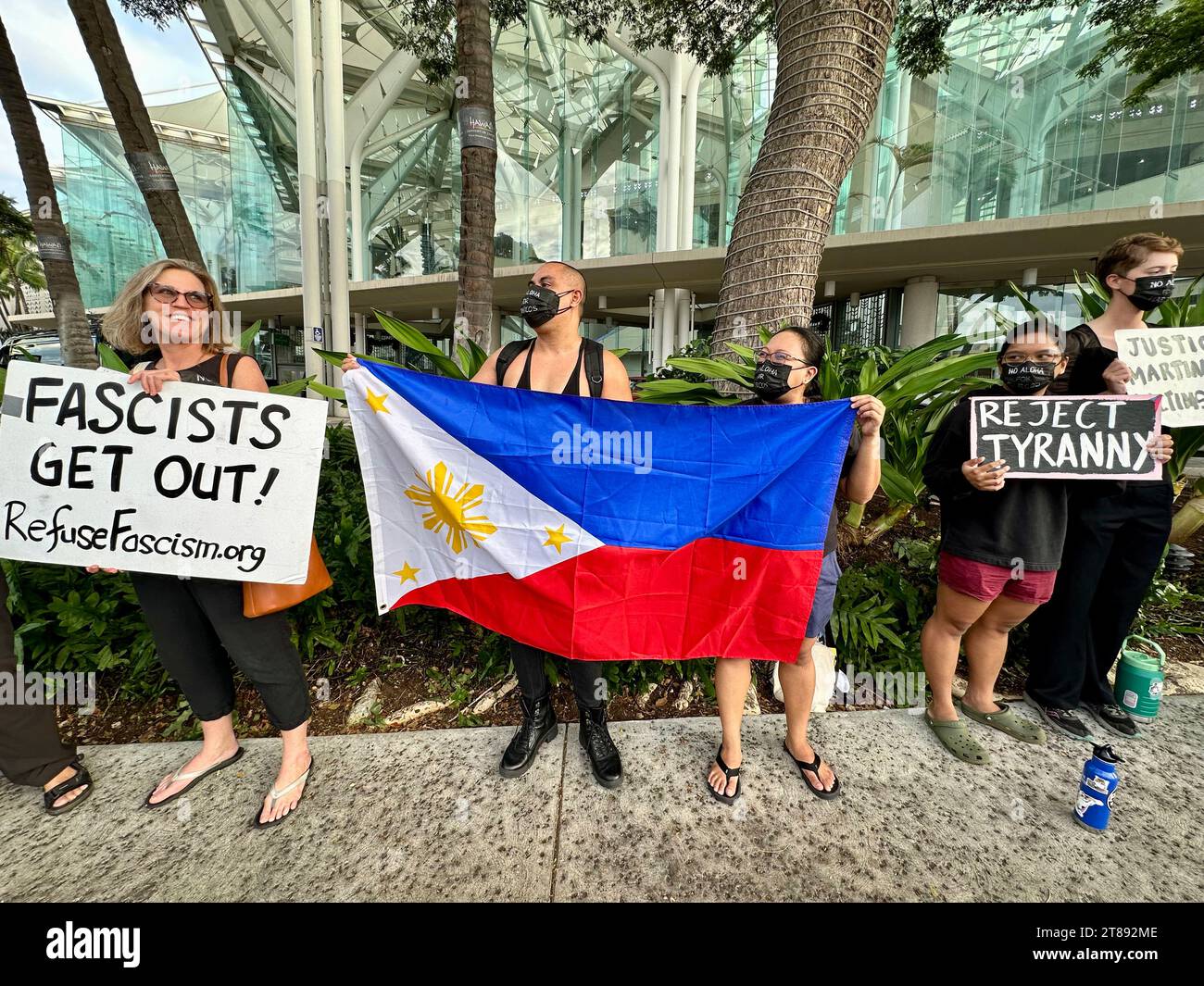 Protesters gather outside the Hawaii Convention Center in Honolulu on ...