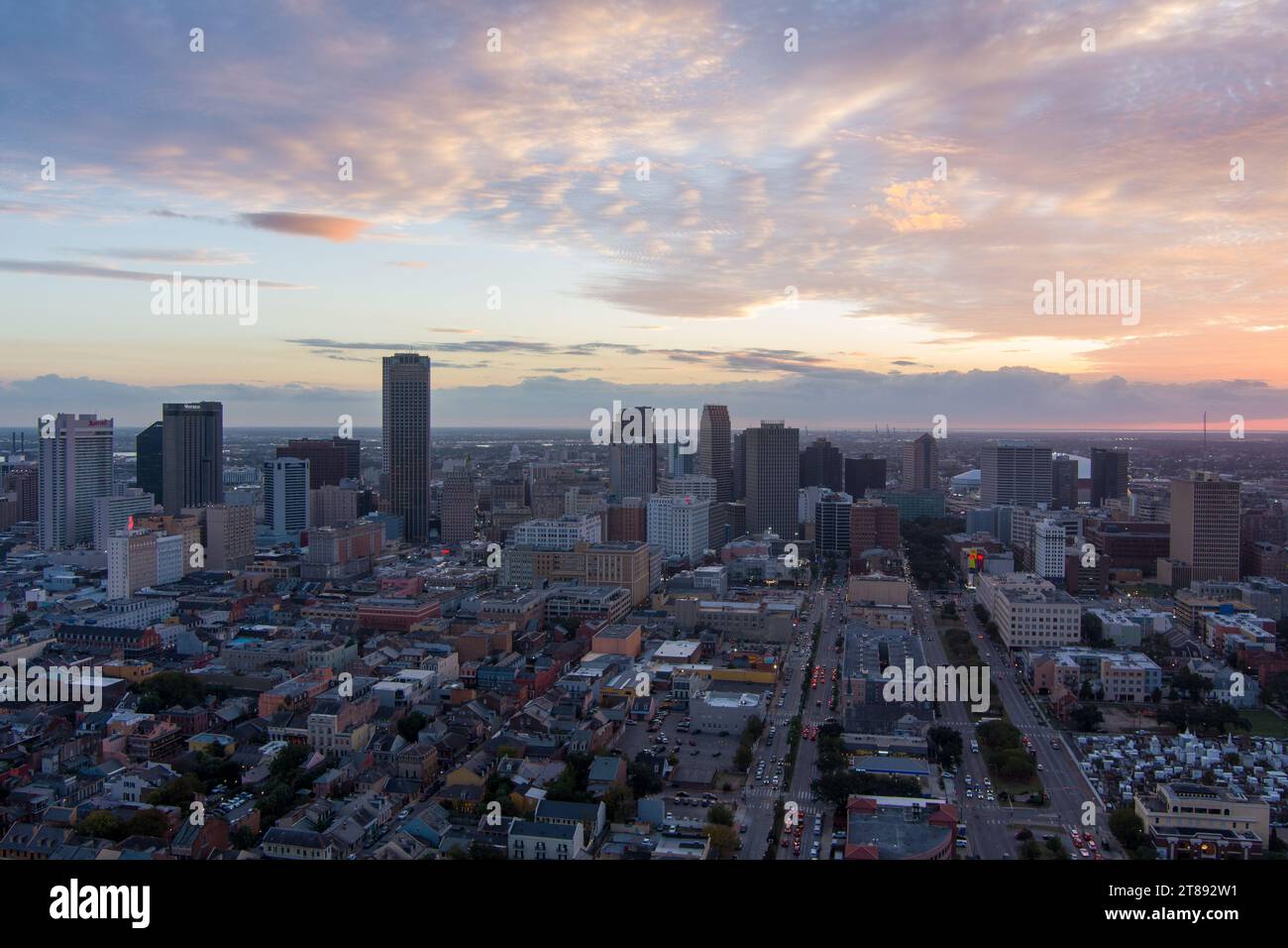 Aerial view of downtown New Orleans, Louisiana at sunset in November ...
