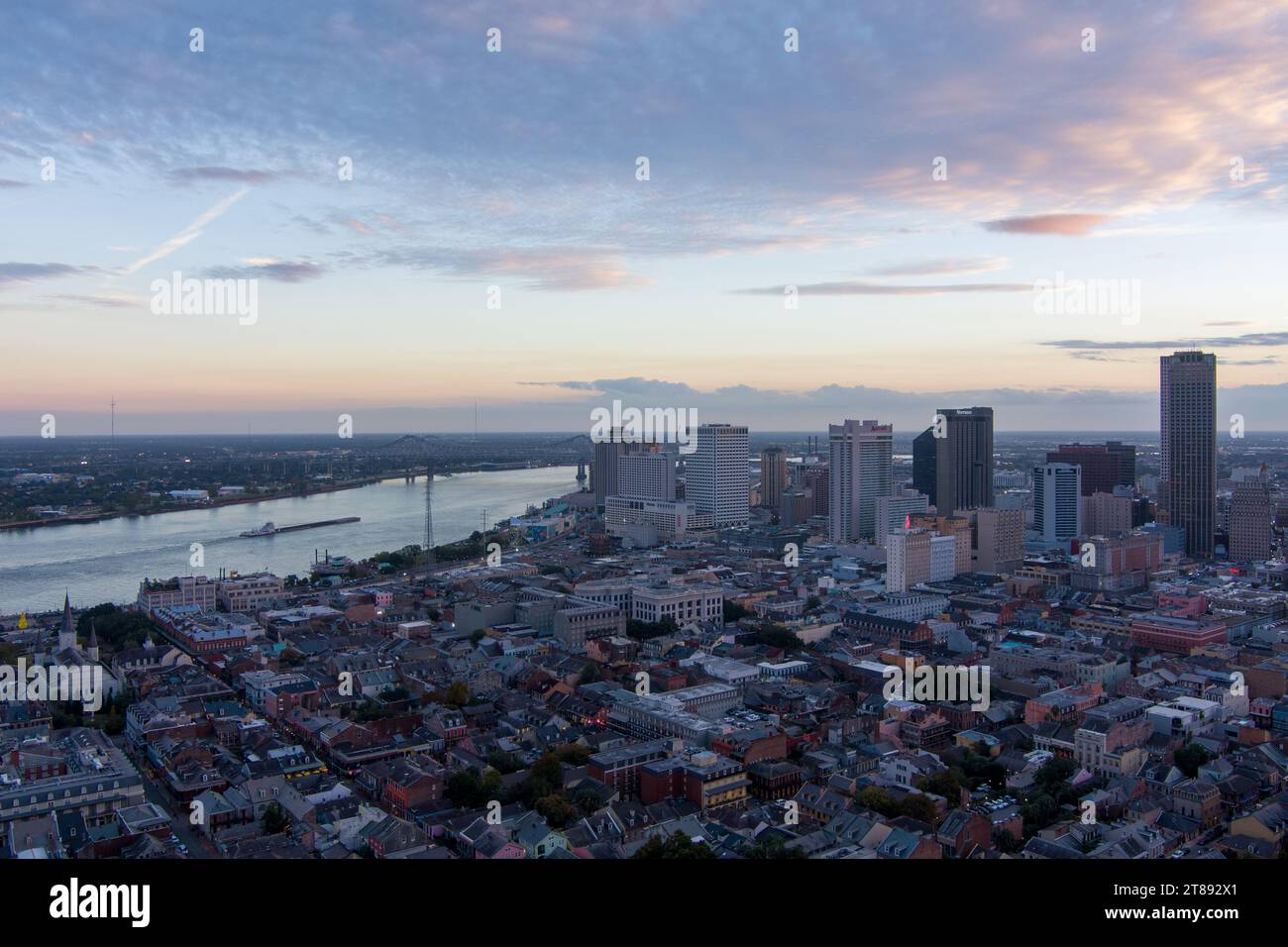 Aerial view of downtown New Orleans, Louisiana and the Mississippi ...