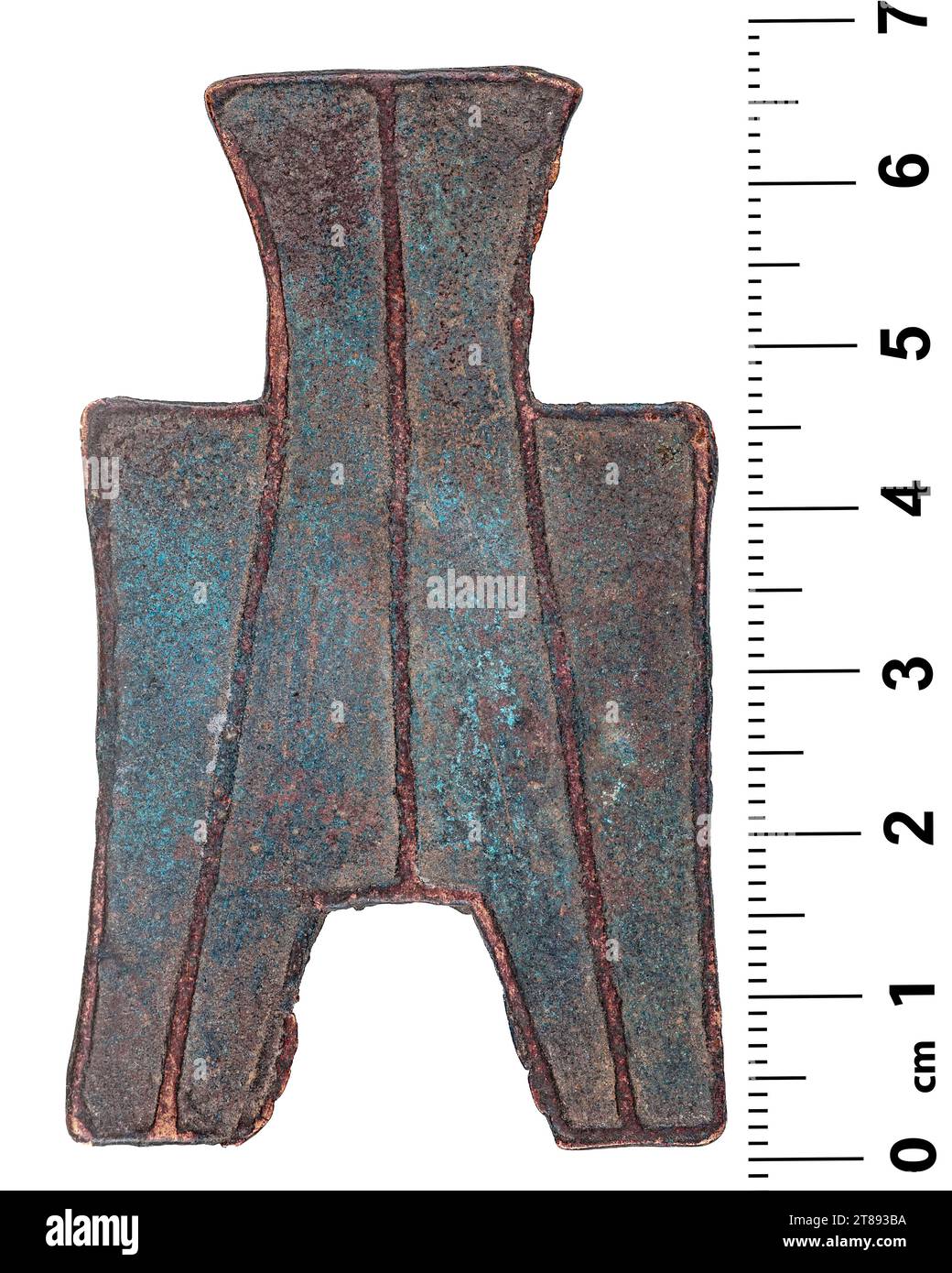 Ancient Chinese coin in the form of a spade. Reverse. Isolated on white ...