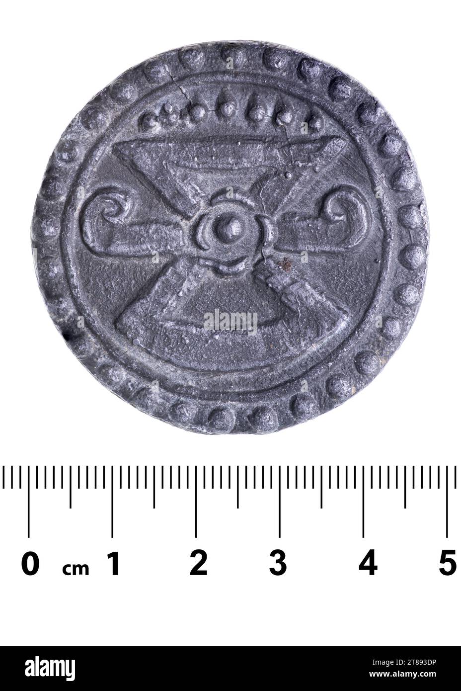 Antique zinc coin of the kingdom of Funan. Reverse. Isolated on white ...