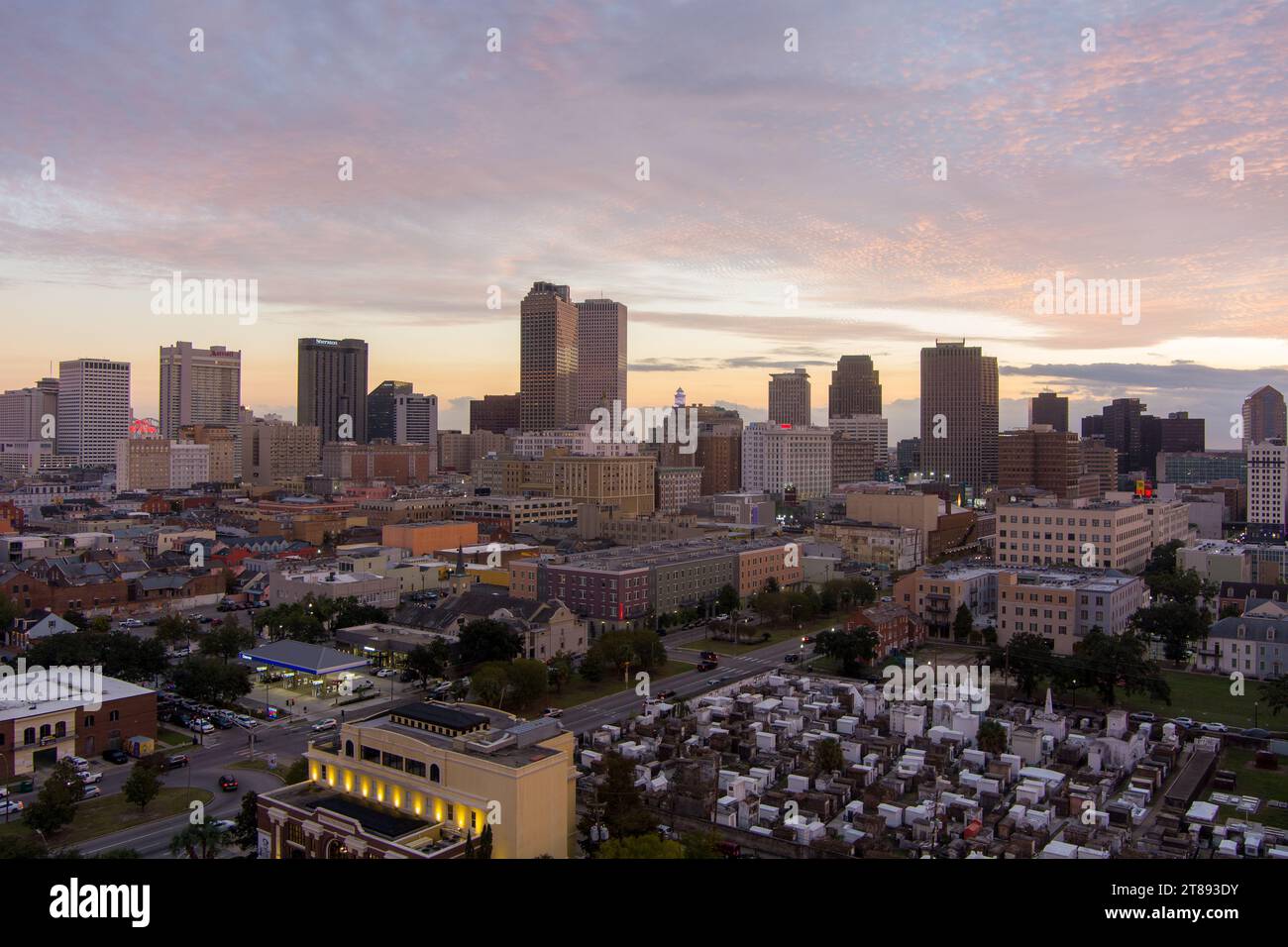 Aerial view of downtown New Orleans, Louisiana at sunset in November ...