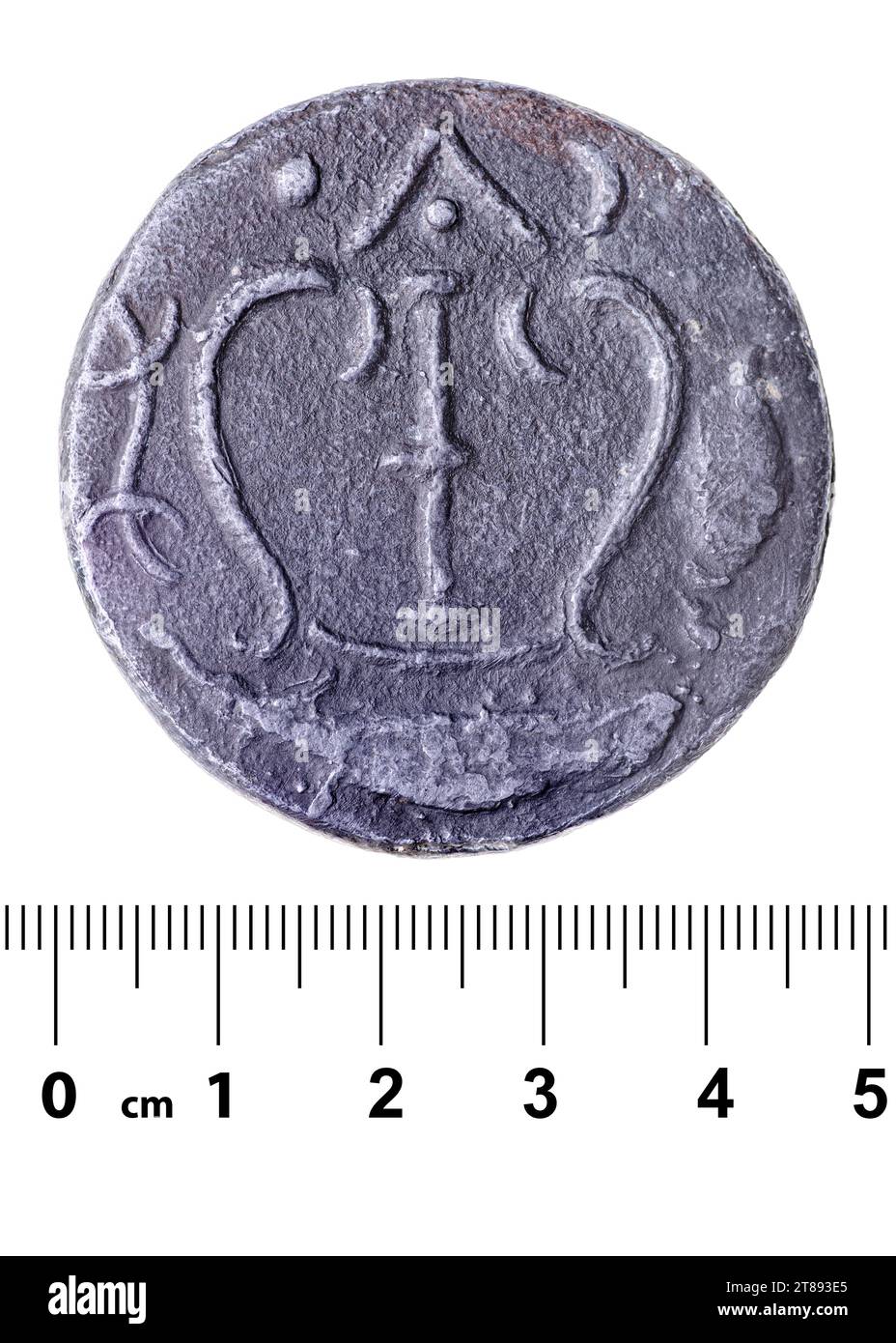 Antique zinc coin of the kingdom of Funan. Obverse. Isolated on white ...
