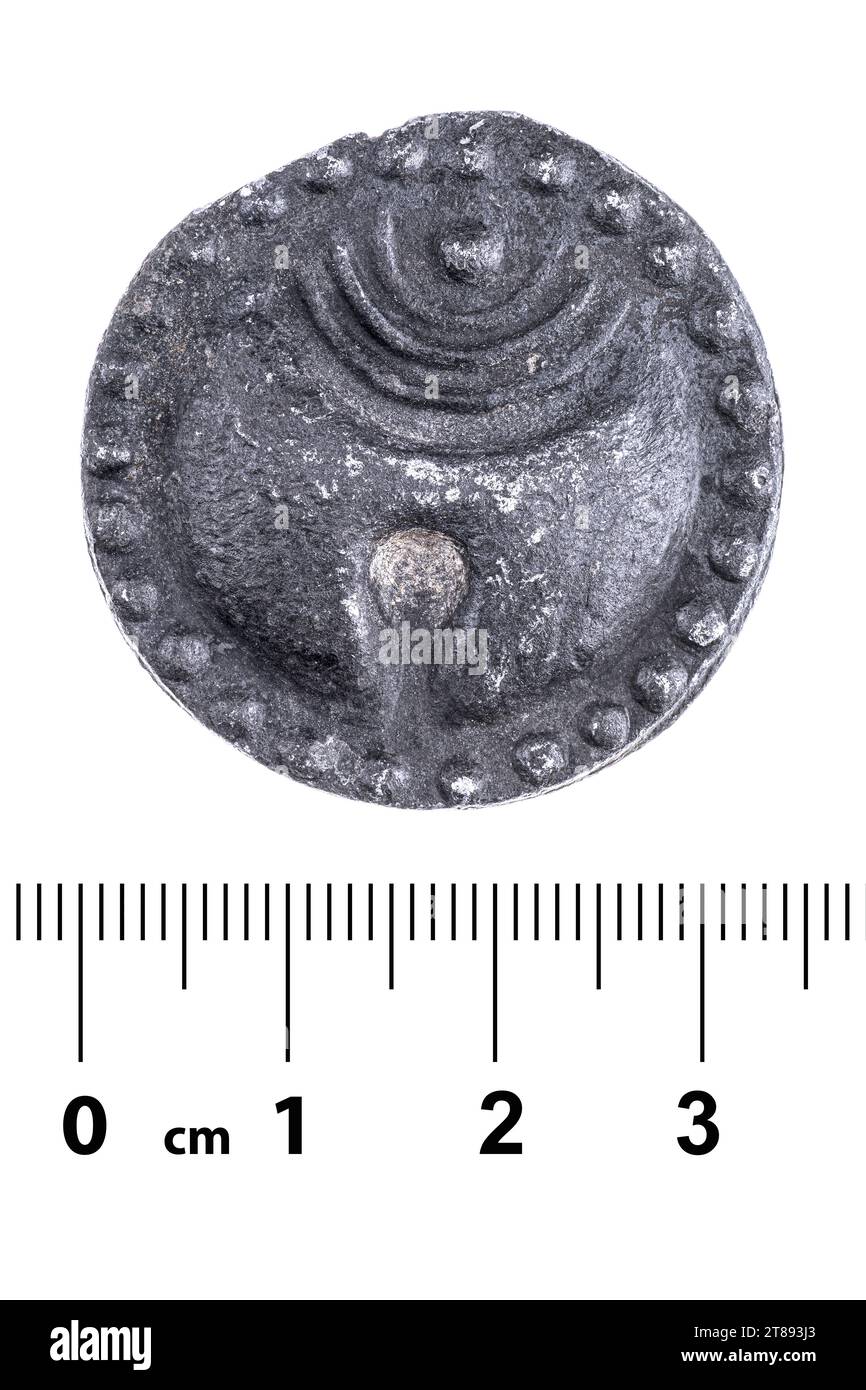 Ancient zinc coin of the kingdom of Funan. Obverse. Isolated on white ...