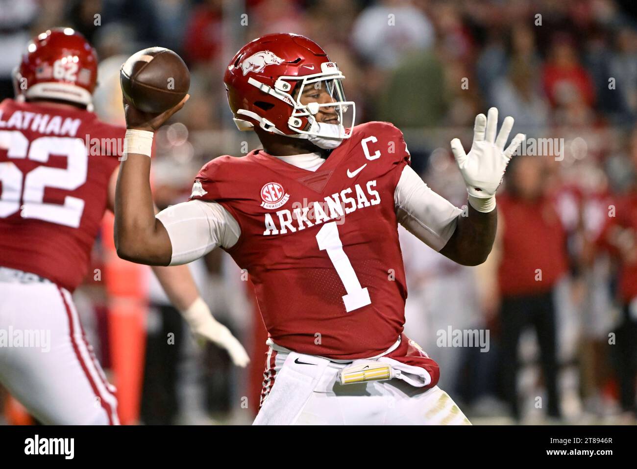 Arkansas quarterback KJ Jefferson (1) drops back to pass against ...