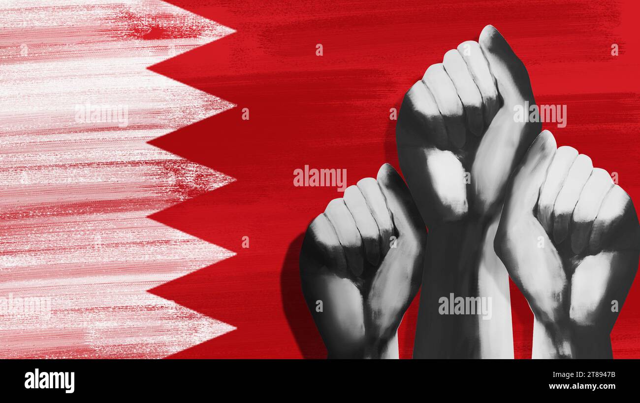 Multiple clenched fists against Bahrain flag.Protest in Bahrain ...