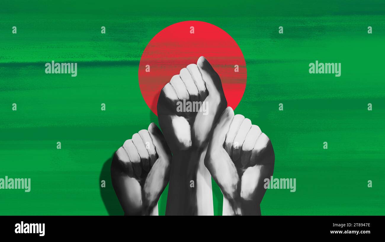 Multiple clenched fists against Bangladeshi flag.Protest in Bangladesh ...