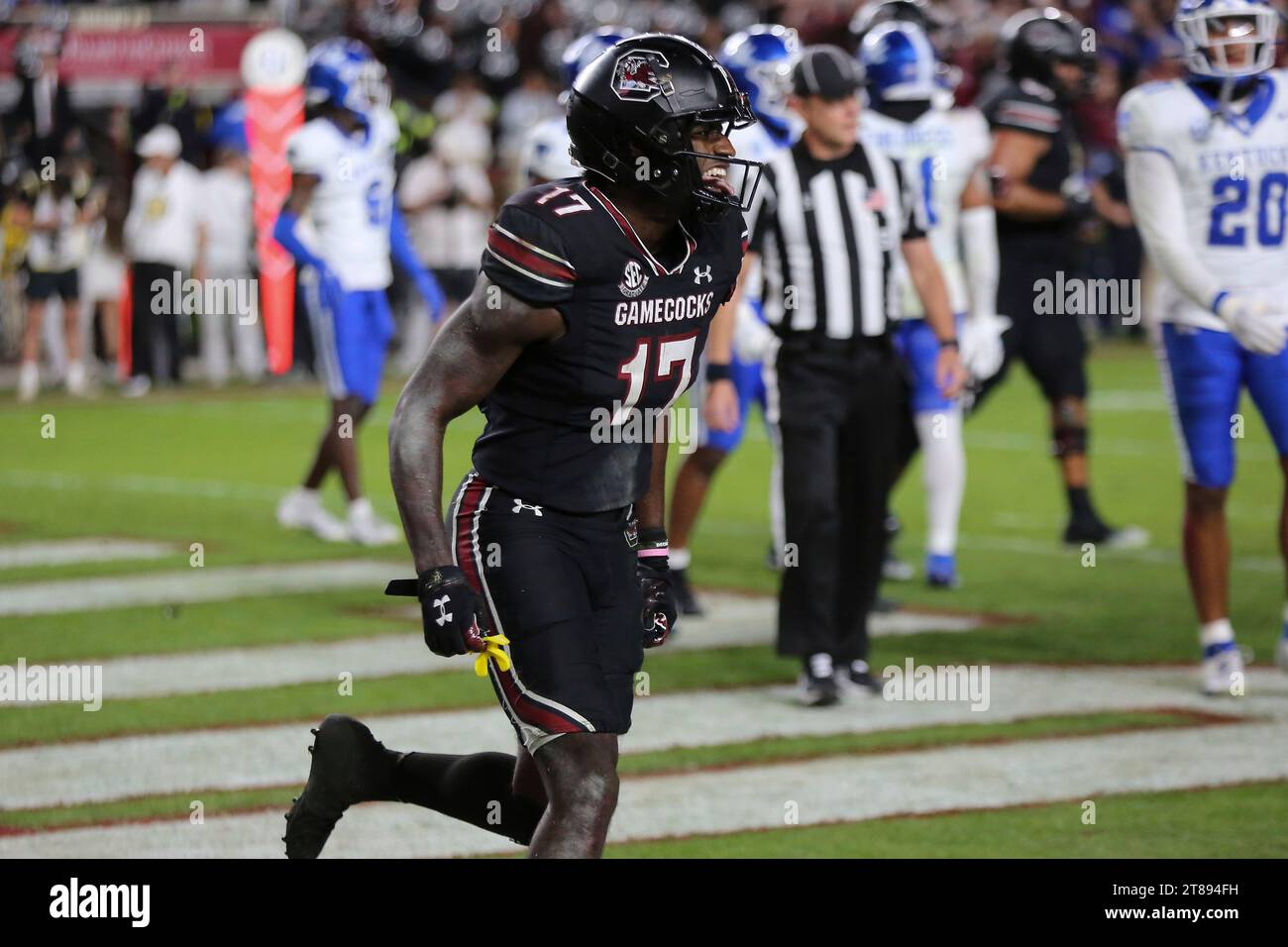 South Carolina wide receiver Xavier Legette (17) sticks his tongue out ...