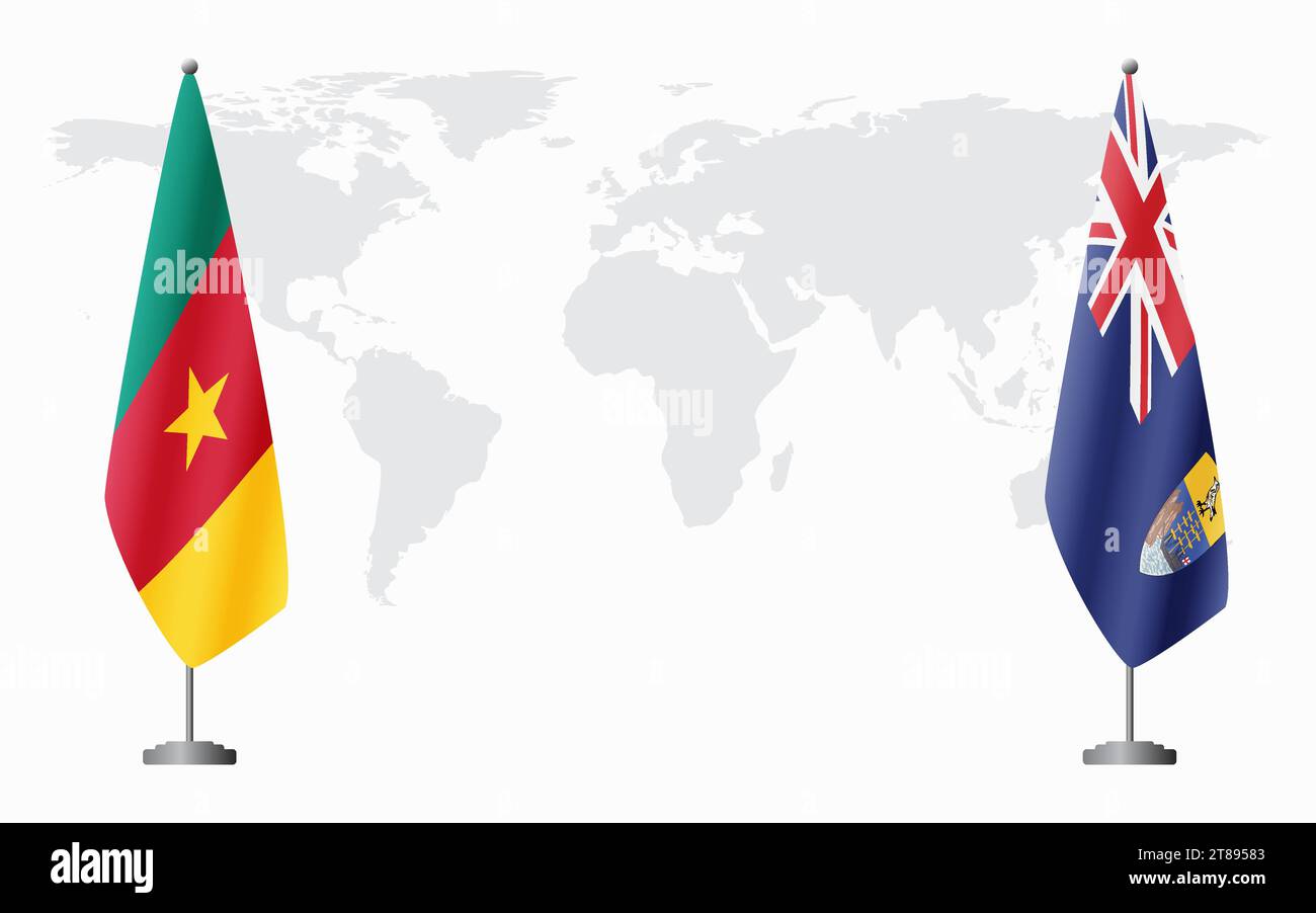 Cameroon and Saint Helena flags for official meeting against background ...