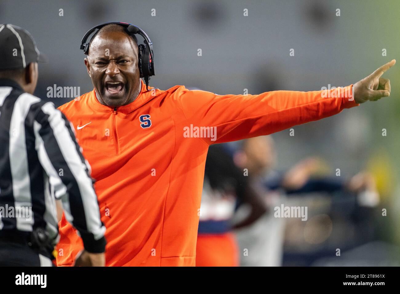Syracuse coach Dino Babers yells to an official during the second half ...